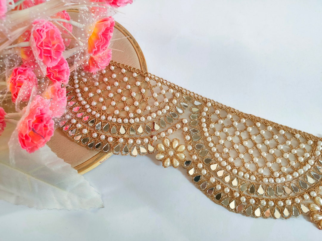 Rose Gold Scalloped Net Jali Embroidered Mirror & Pearl Indian Trim Lace, Sari Dupatta Lehenga ...