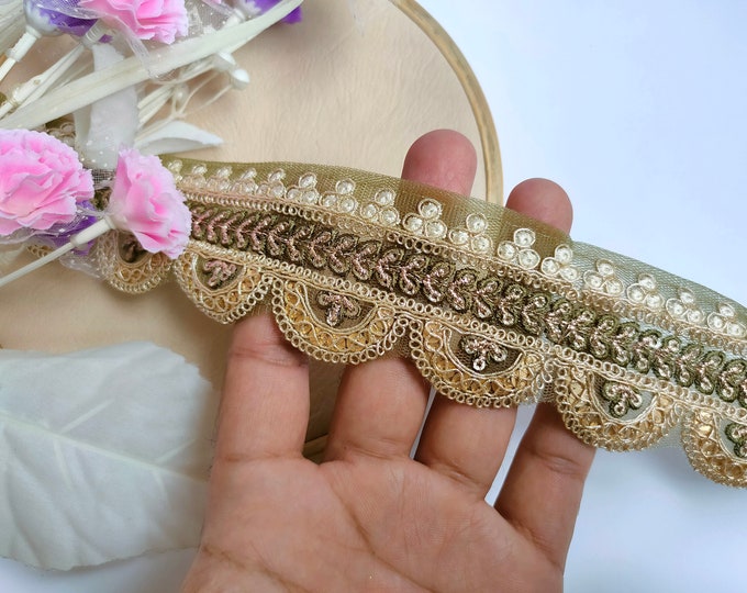 9 Yards - Moss Green & Gold Scallop Indian Embroidered Lace, Sari Border Trim, Fancy Dupatta ...