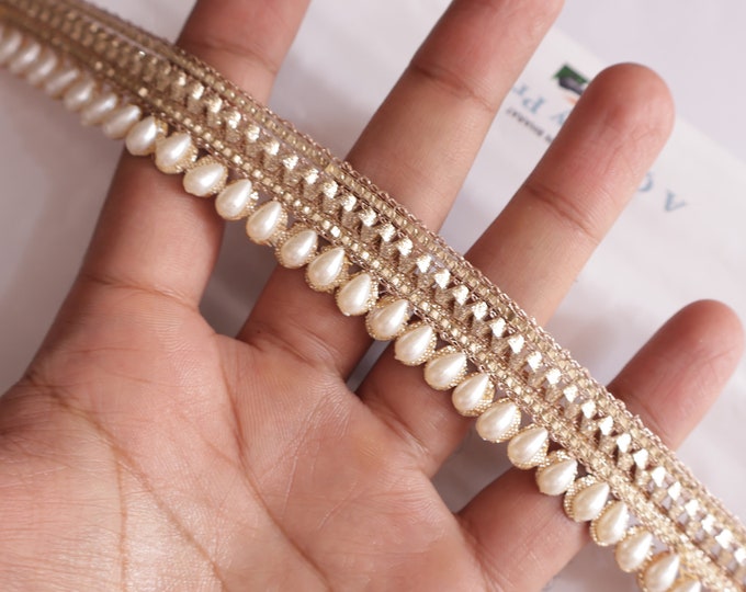 9 Yards Narrow Scalloped Golden Drop Pearl Trim Lace, Dupatta Saree Suit Border Ribbon Lace ...