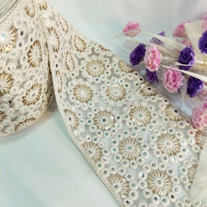 Broad Creme White Thread Embroidered Golden Sequin Border, Floral Net ...