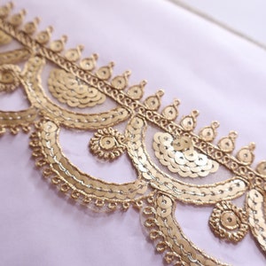 9 Yards Light Golden Sequin Double Scalloped Trim Lace, Dupatta Saree Suit Border Ribbon Lace ...
