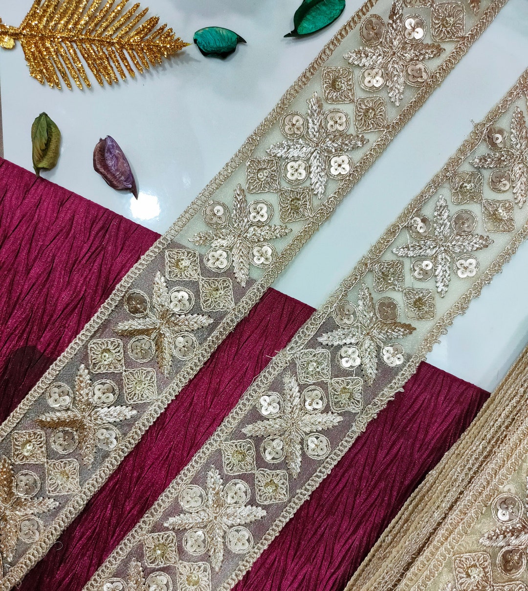 Rose Gold Metallic Thread Sequin Lace Trim, Sari Trim, Hand Beaded Trim, Bollywood Trim Lace ...