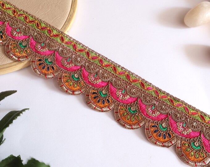 Antique Sabyasachi Scalloped Golden Zardozi Embroidered Lace, Scalloped Border Trim, Fancy Sari ...