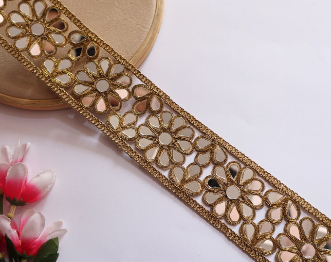 Antique Gold Floral Pattern Mirror Trim, Real Mirrors Sari Border ...