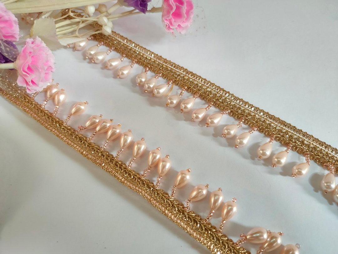 8 Yards- Light Pink Rain Drop Suspended Beaded Trim, Lehenga Dupatta ...