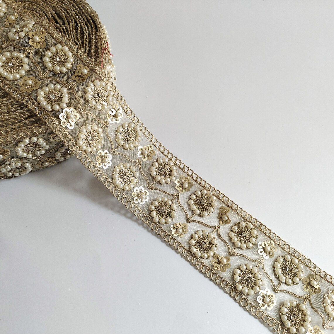 Creme Gold Pearl & Crystal Gotawork Indian Embroidered Lace - Etsy