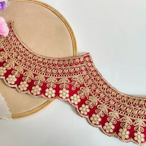 9 Yards Bridal Maroon Embroidered Scallop Indian Lace, High Quality Zari Sari Border Trim, Fancy ...