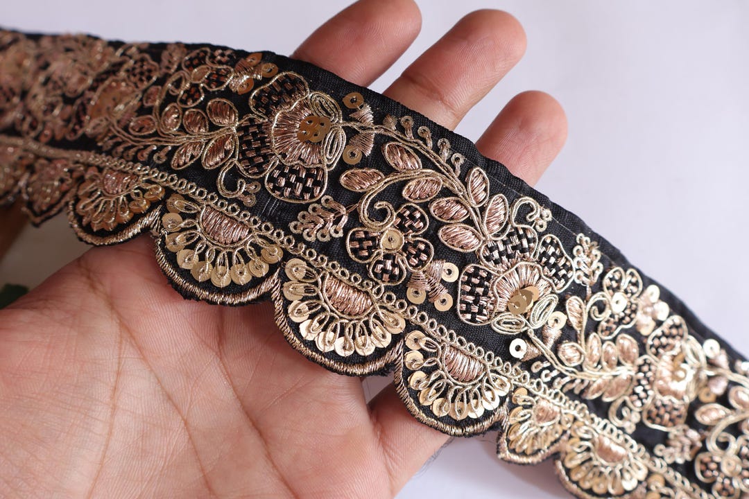 9 Yards - Premium Black & Gold Zari Sequin Lace, Scalloped Sari Border Trim, Fancy Dupatta Suits ...