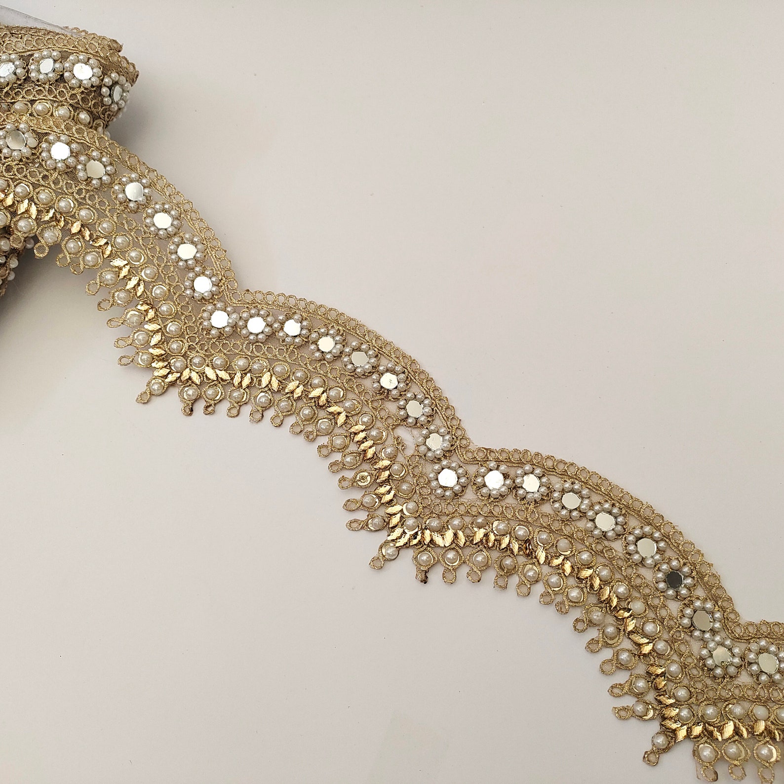 Creme Gold Pearl Crystal & Mirror Scallop Indian Embroidered - Etsy UK