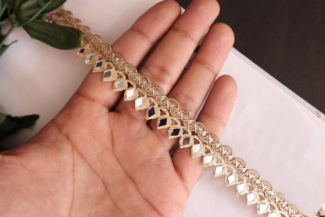 9 Yards - Golden Narrow Triangular Mirror Trim Lace, Dupatta Saree Suit Border Ribbon Lace ...