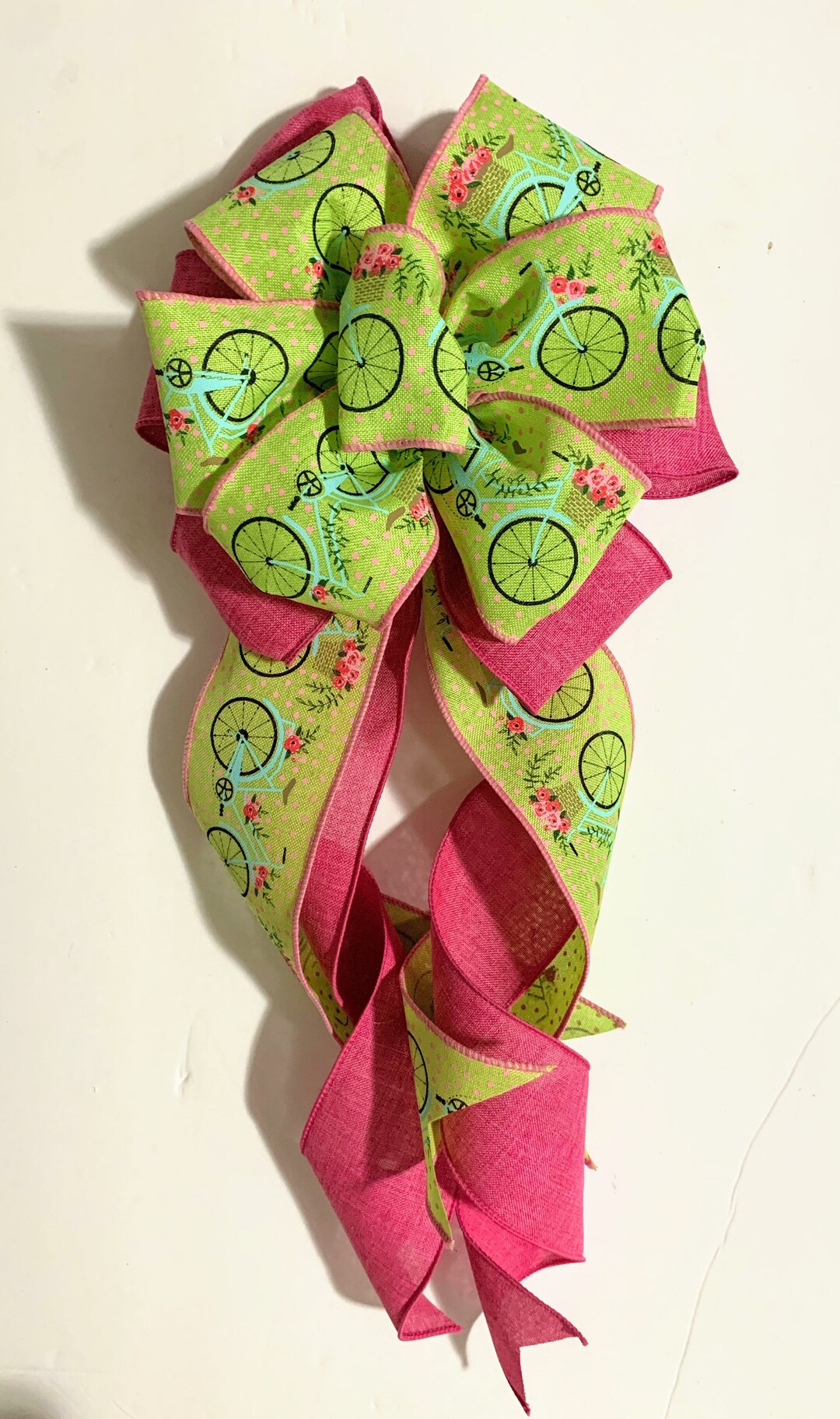 Bicycle Print Bow, Green and Pink Bow, Wreath Bow, Lantern Bow, Bicycle ...