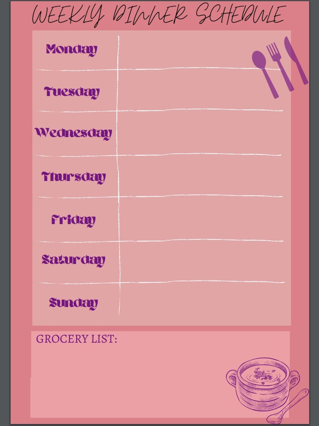 Weekly Dinner Schedule Printable - Etsy