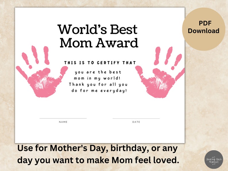 Mothers Day Certificate Handprint Best Mom Ever Mothers Day - Etsy