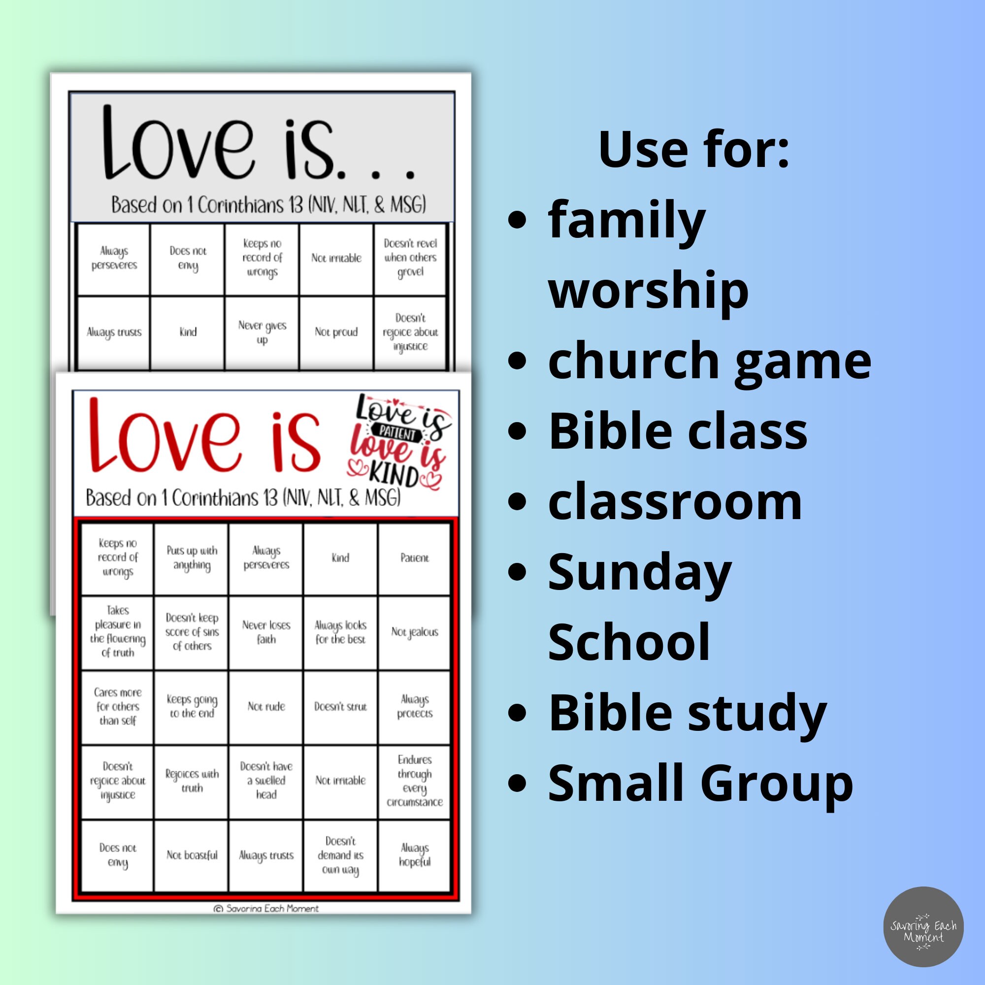 Bible Bingo, 1 Corinthians 13, Wedding Shower Printable Game, Sunday ...