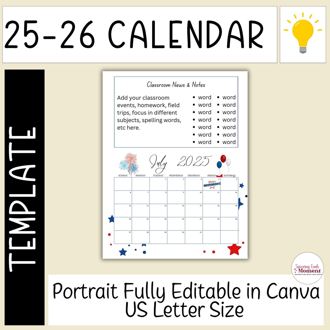 25-26 School Year Calendar Editable Portrait Canva Template, Academic ...