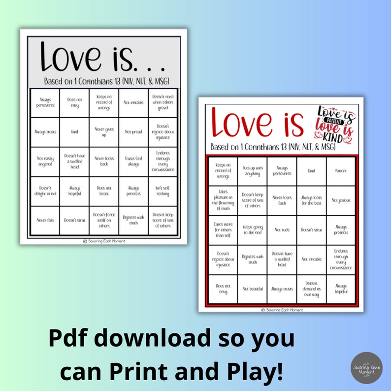 Bible Bingo Cards, 1 Corinthians 13, Wedding Shower Game, Sunday School ...