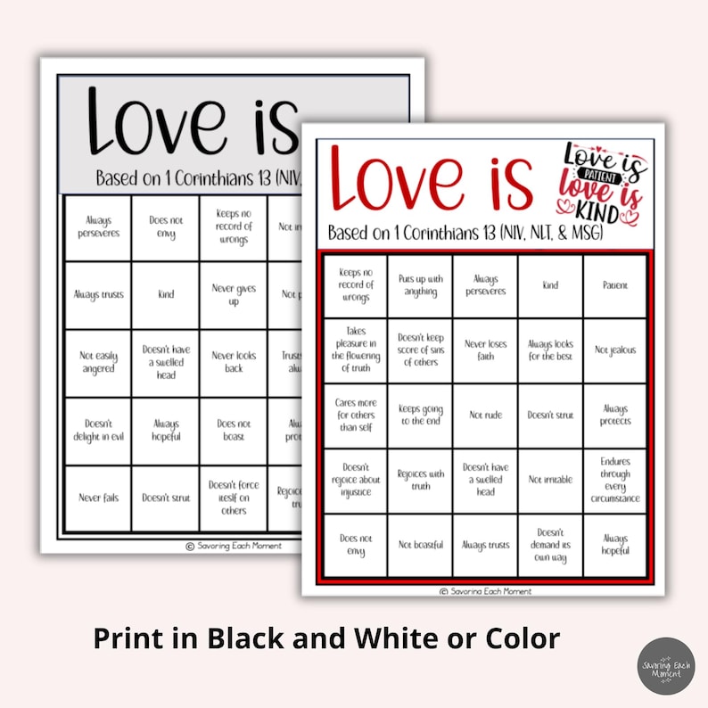 Bible Bingo Cards, 1 Corinthians 13, Wedding Shower Game, Sunday School ...