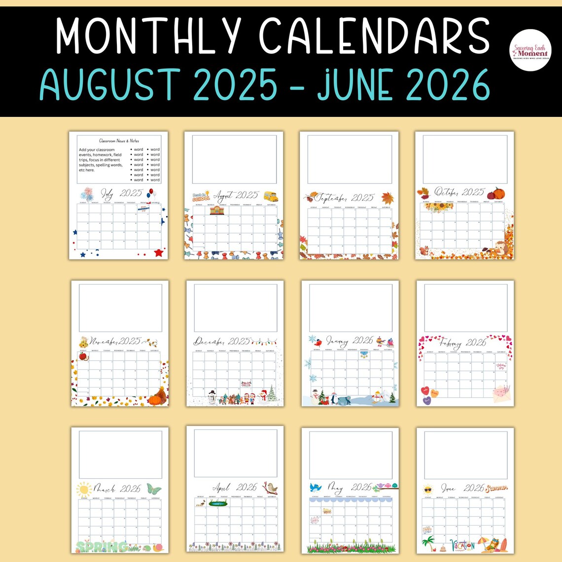 25-26 School Year Calendar Editable Portrait Canva Template, Academic ...
