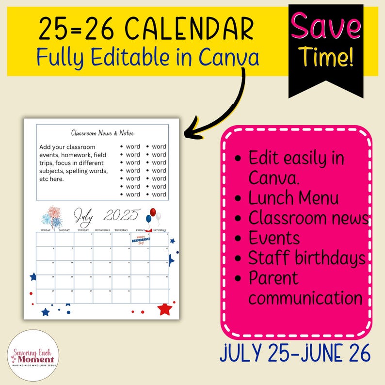 25-26 School Year Calendar Editable Portrait Canva Template, Academic ...