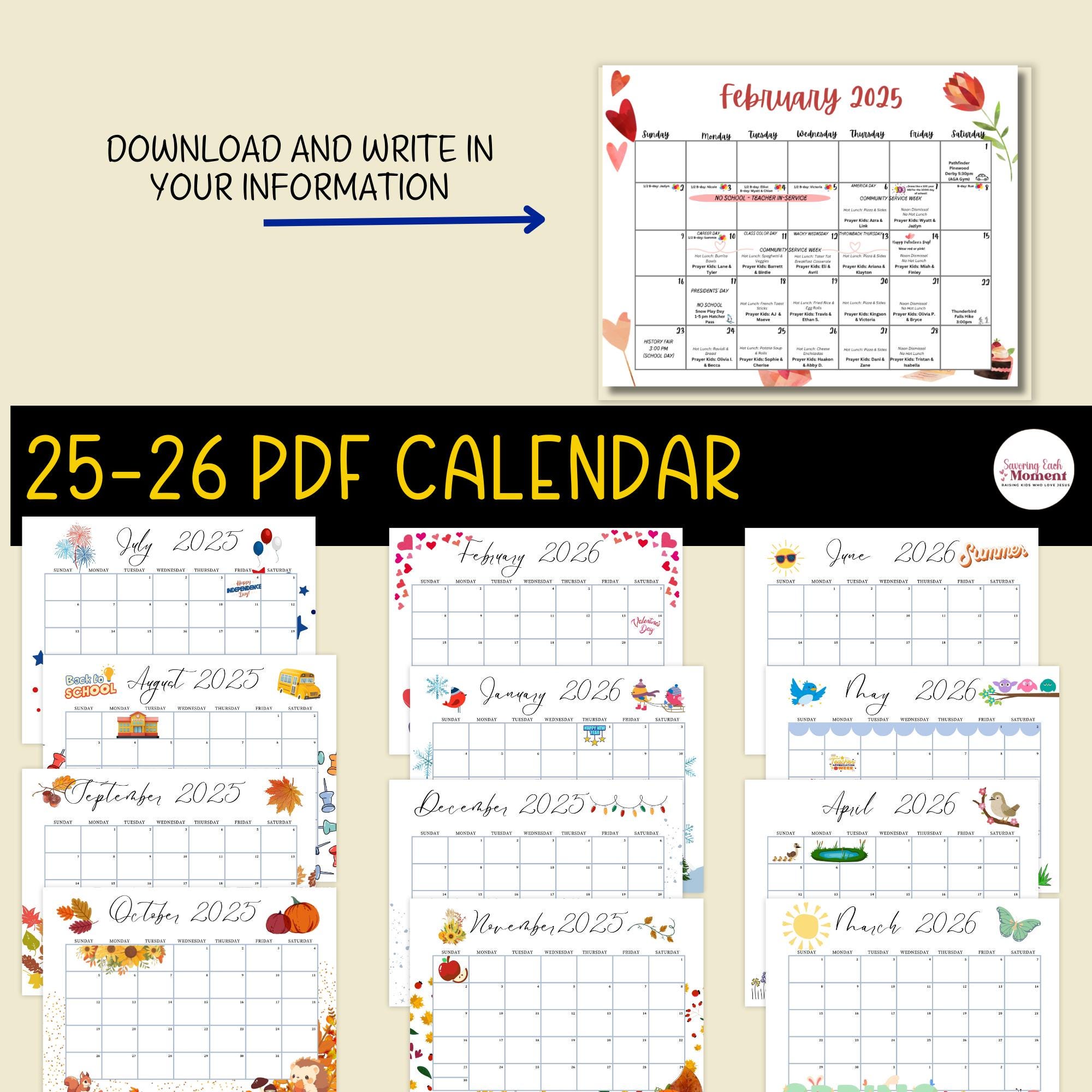 25-26 School Year Calendar PDF, Academic Planner, July 25 - June 26 ...