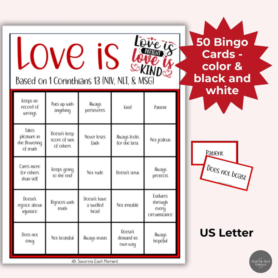 Bible Bingo Cards, 1 Corinthians 13, Wedding Shower Game, Sunday School ...