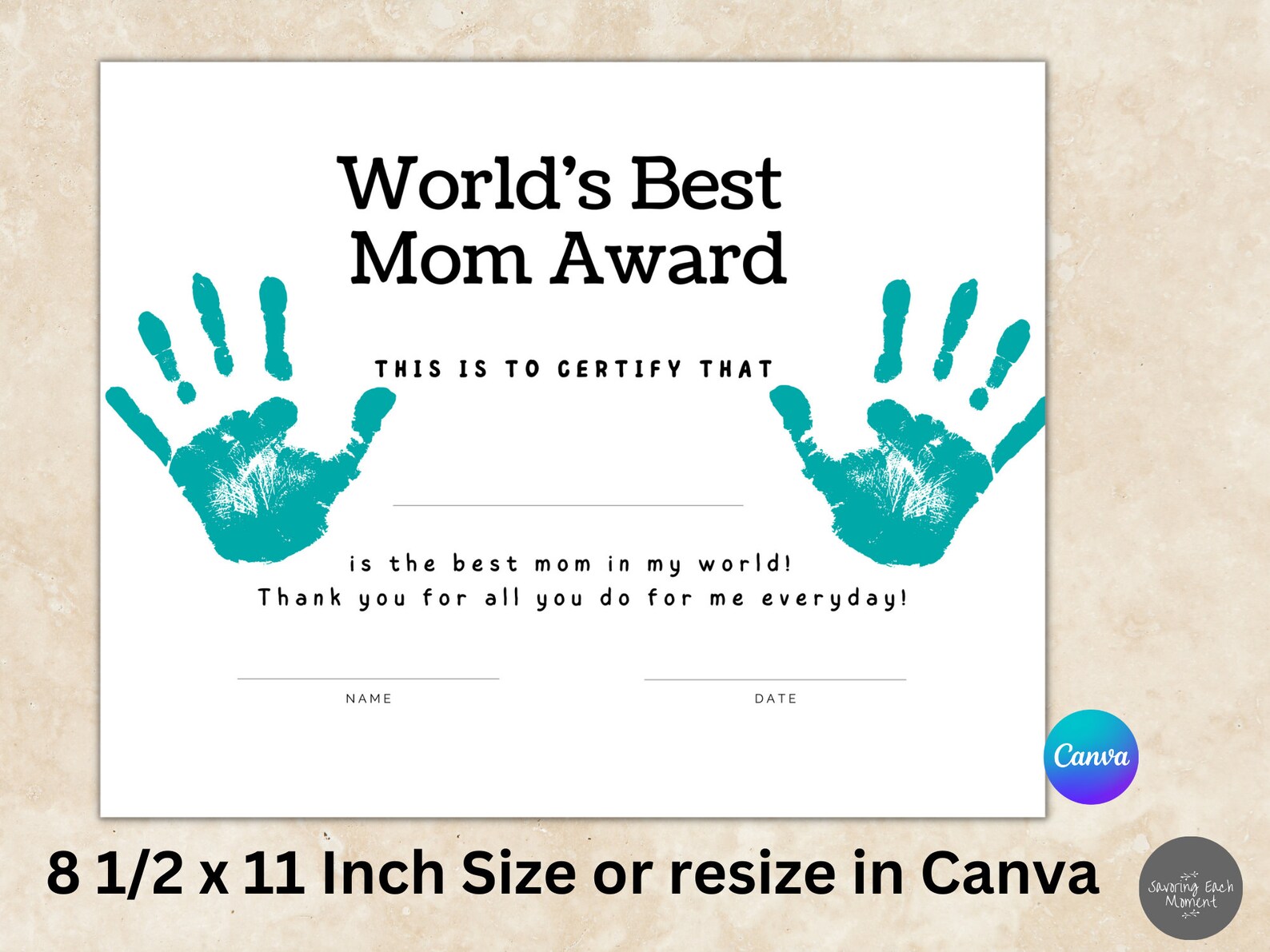 Mothers Day Award Handprint Craft, Worlds Best Mom Certificate, Mothers ...