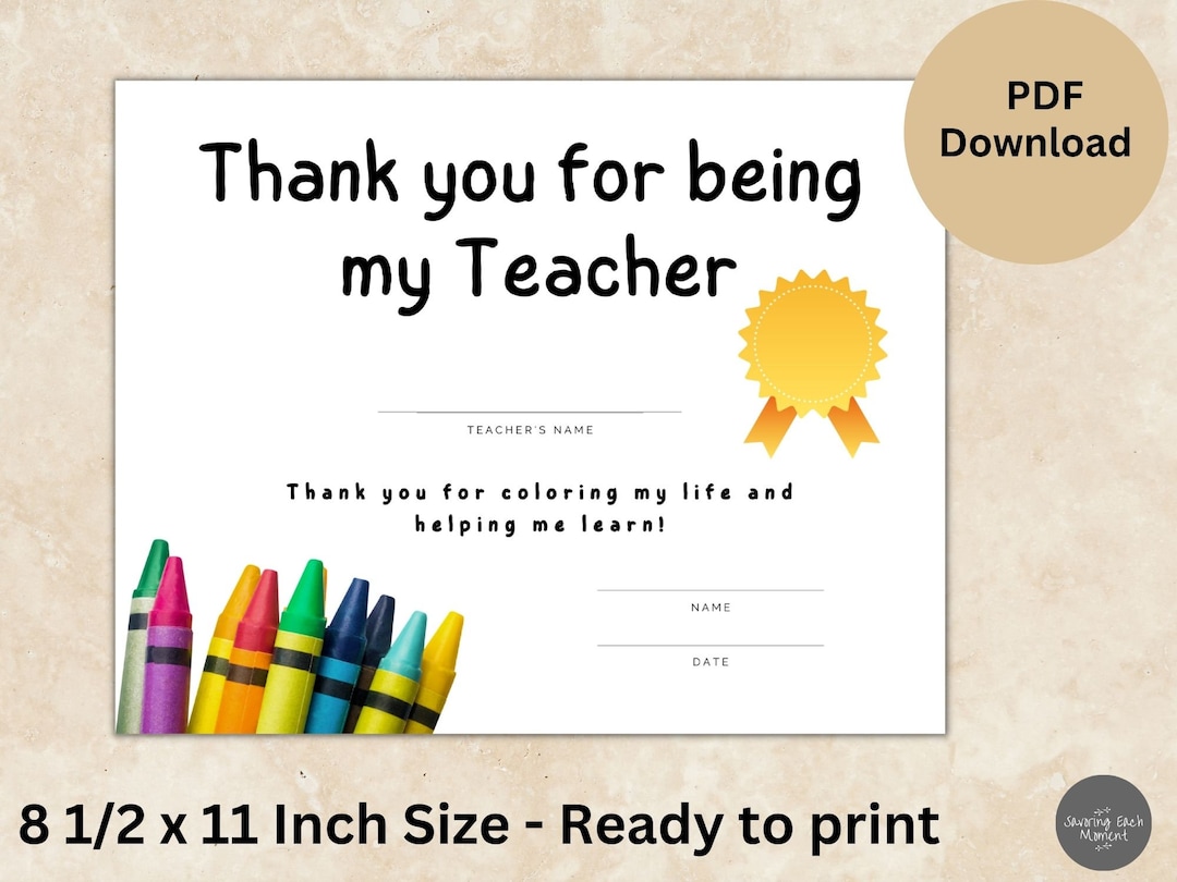 Teacher Appreciation Awards, Year End Teacher Gift, Certificate of ...