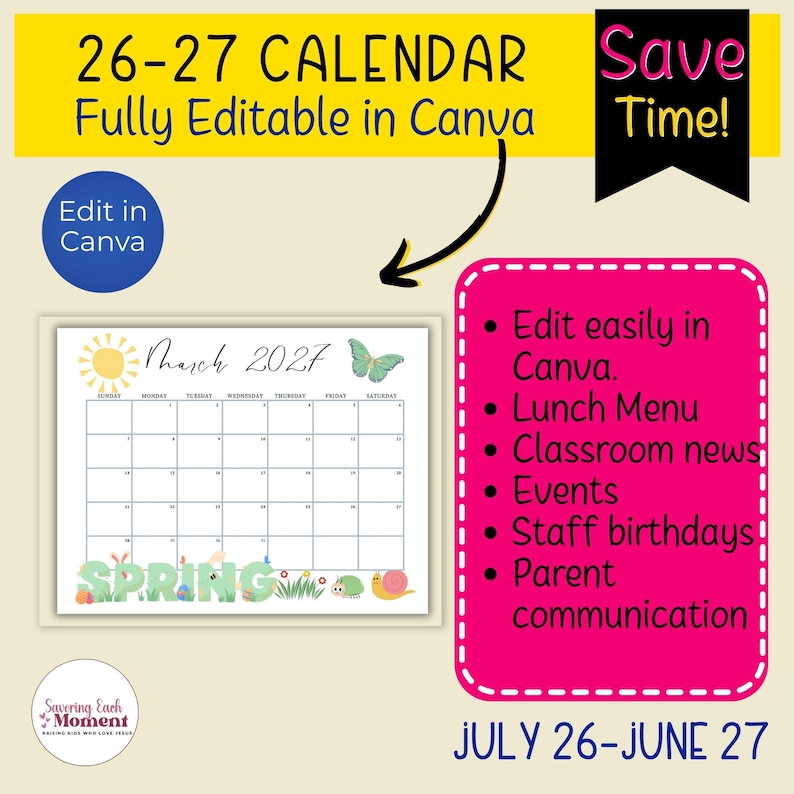 26-27 School Year Calendar, Editable Canva Template, Academic Planner ...