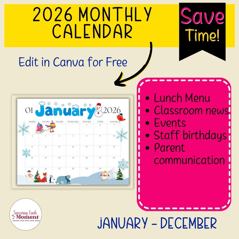 2026 Monthly Calendar Editable Canva Template, January-december ...