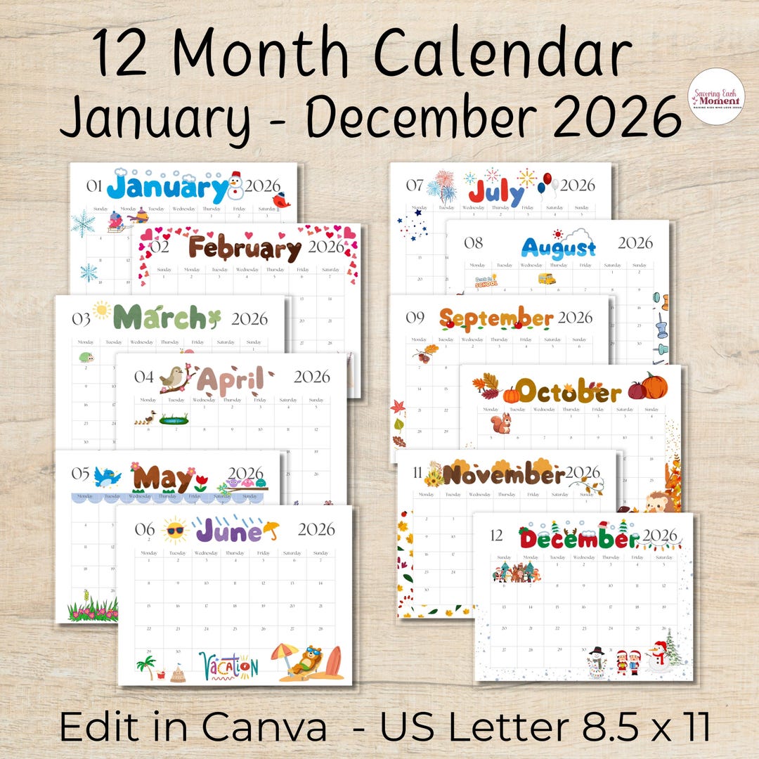 2026 Monthly Calendar Editable Canva Template, January-december ...
