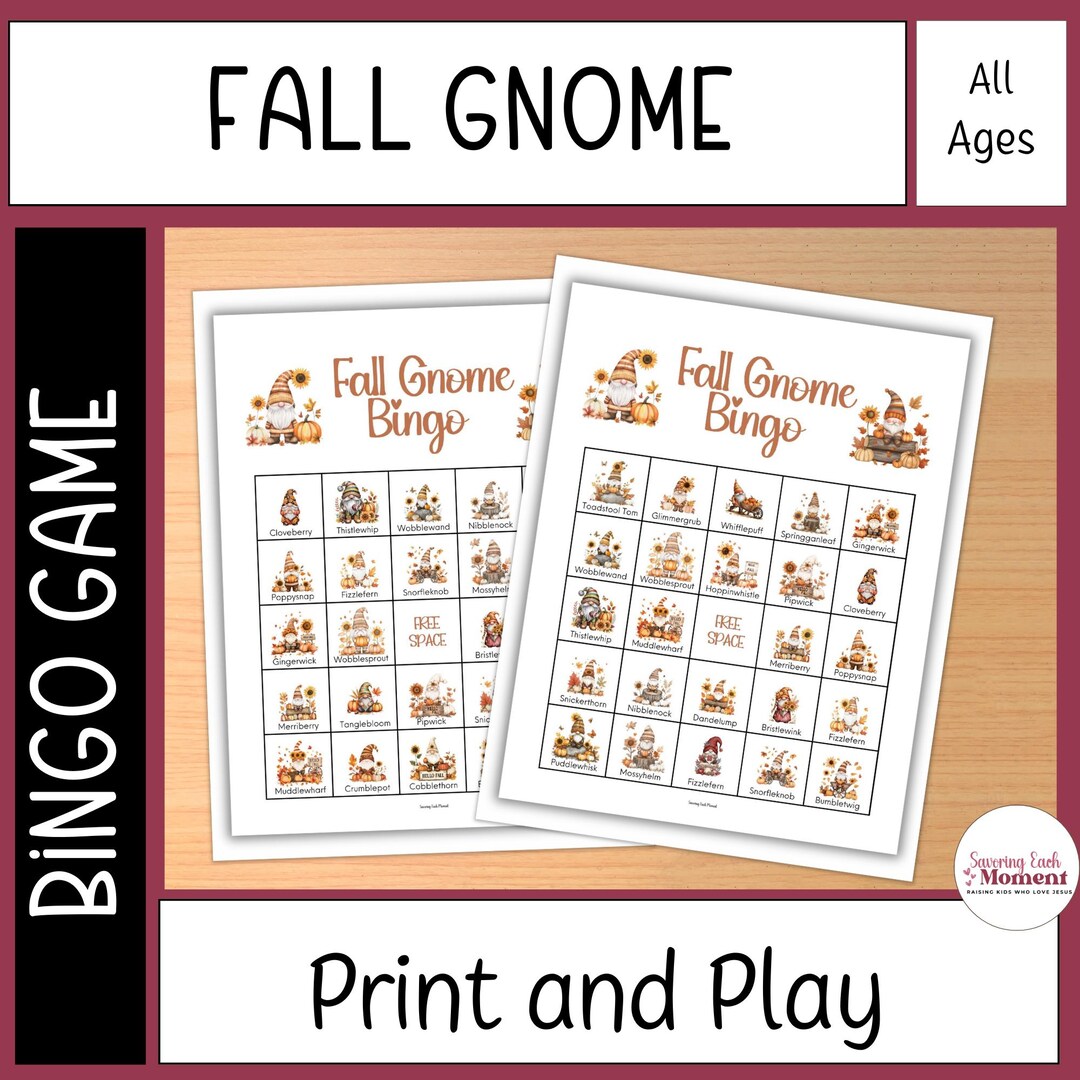 Senior Games, Ice Breaker Fall Gnomes Bingo Game, Fall Bingo Cards ...