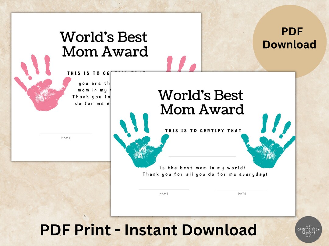 Mothers Day Certificate Handprint, Best Mom Ever, Mothers Day Award ...