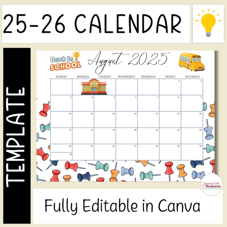 25-26 School Year Calendar Editable Canva Template, Academic Planner ...