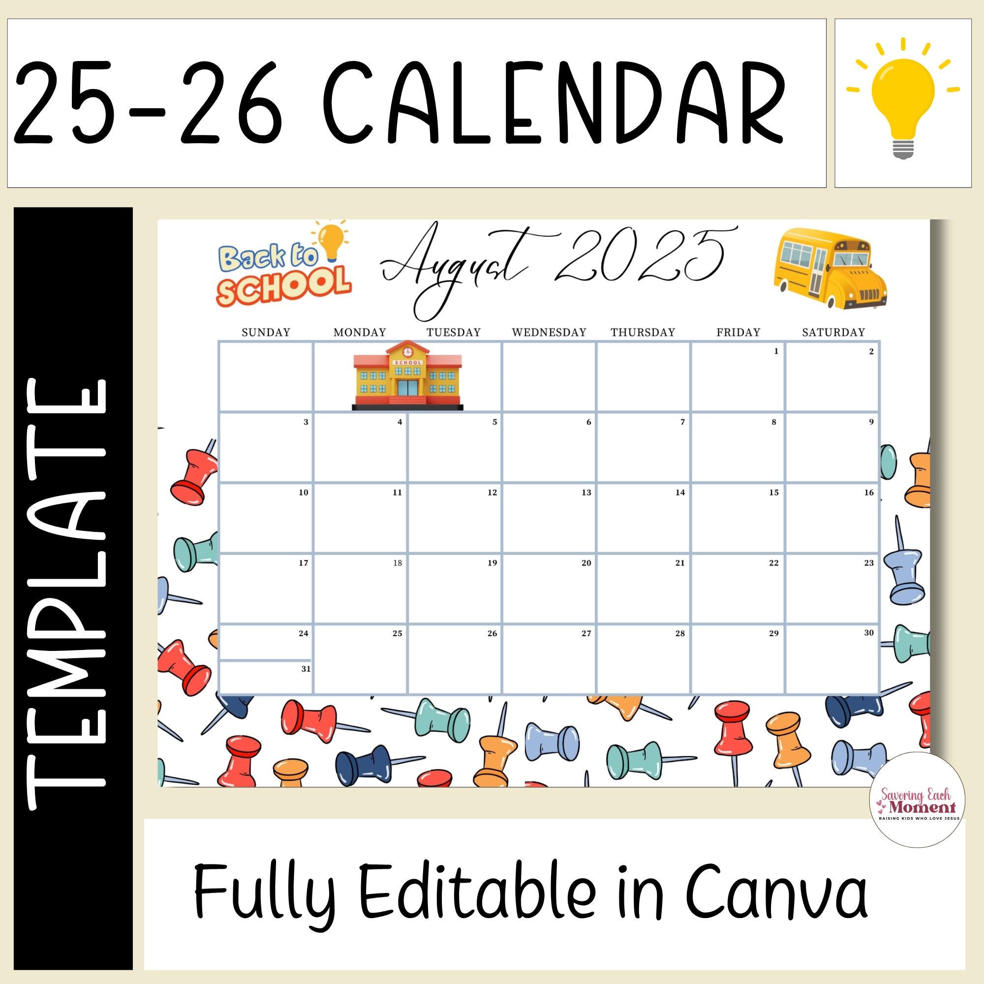 25-26 School Year Calendar Editable Canva Template, Academic Planner ...