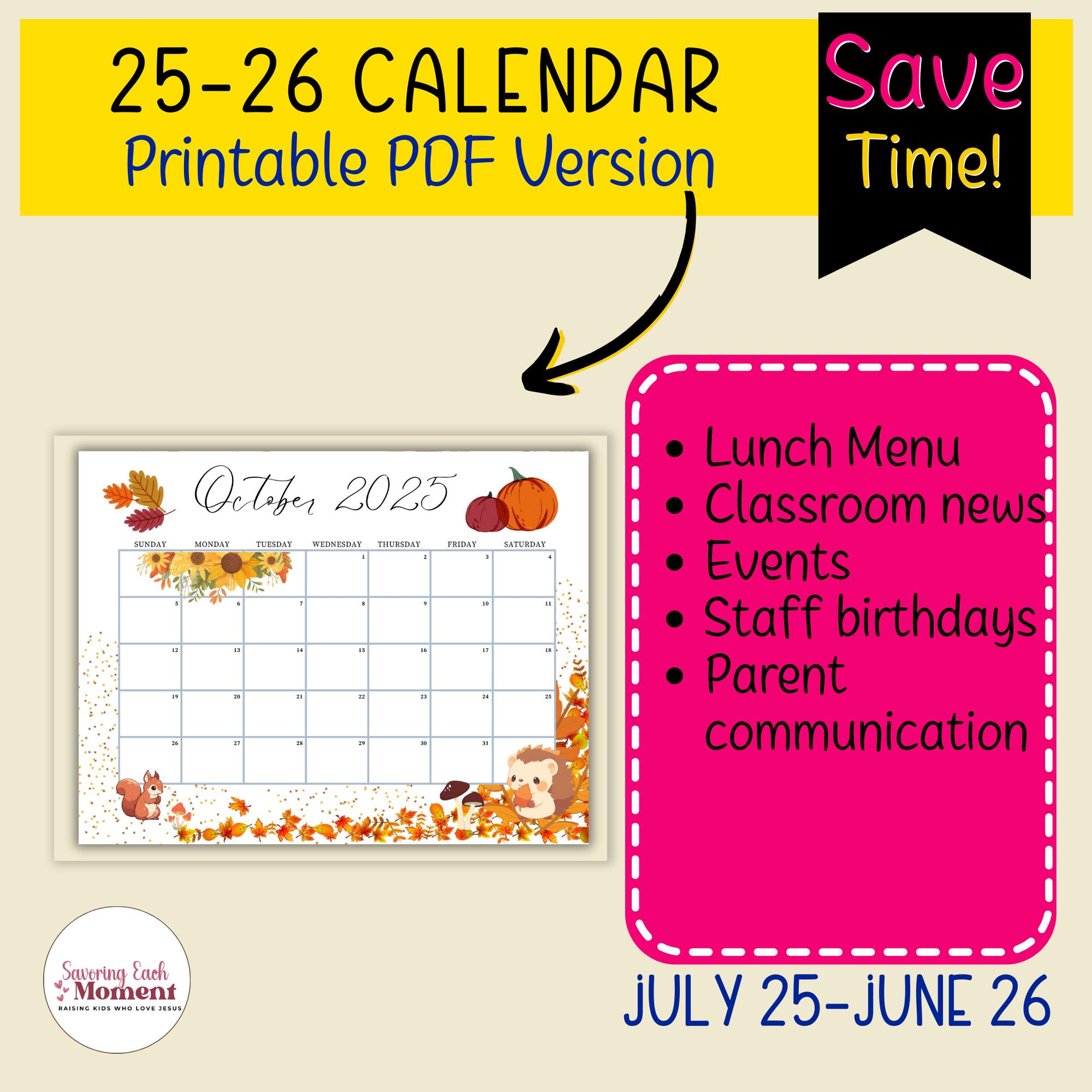 25-26 School Year Calendar PDF, Academic Planner, July 25 - June 26 ...