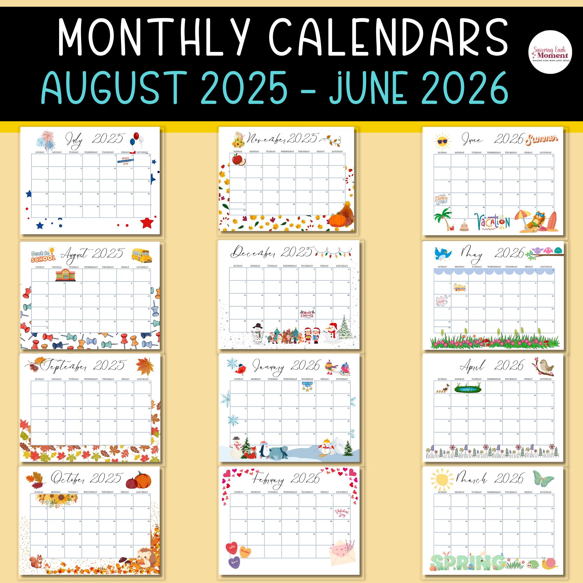 25-26 School Year Calendar PDF, Academic Planner, July 25 - June 26 ...