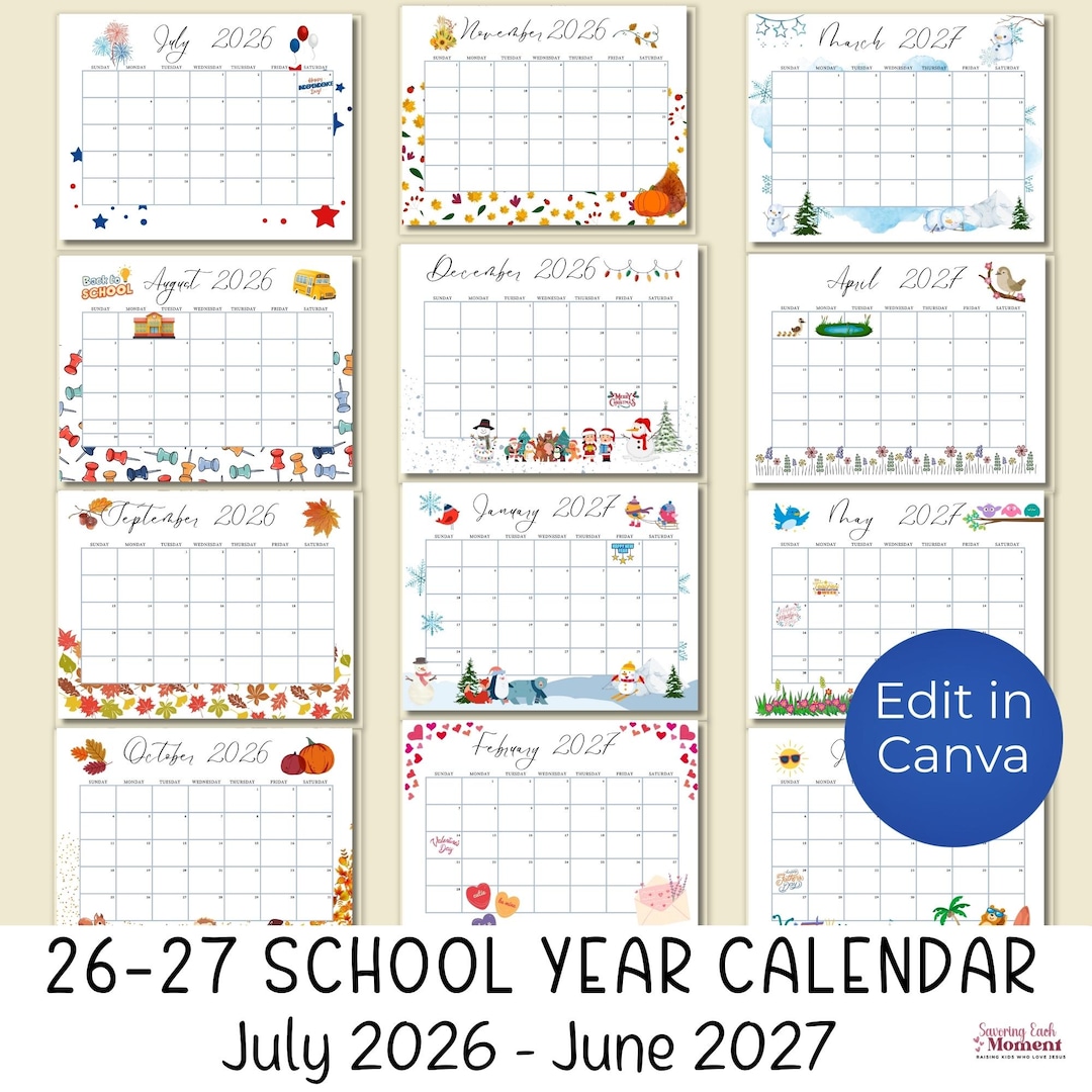 26-27 School Year Calendar, Editable Canva Template, Academic Planner ...