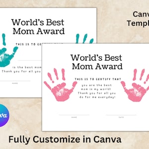 Mothers Day Award Handprint Craft, Worlds Best Mom Certificate, Mothers ...