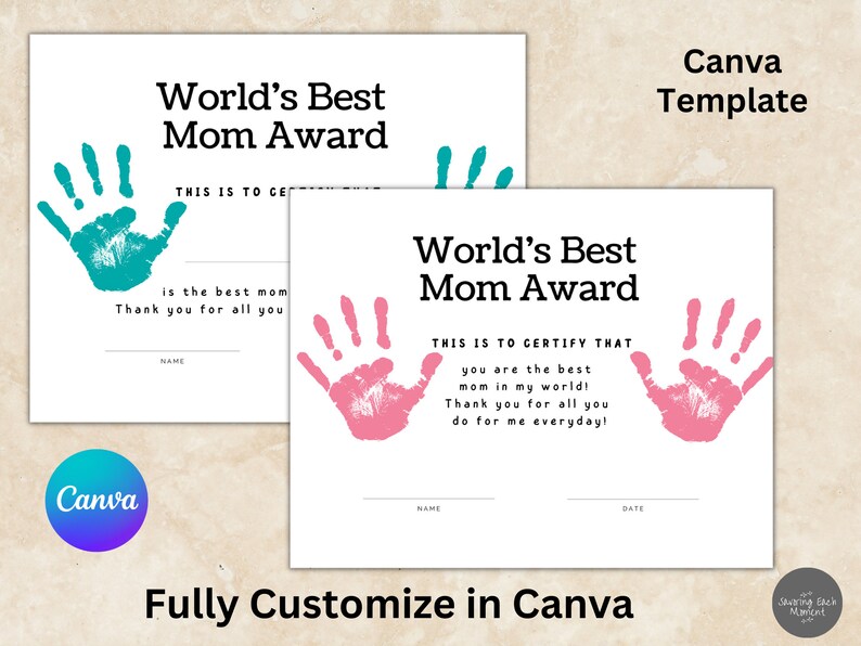 Mothers Day Award Handprint Craft, Worlds Best Mom Certificate, Mothers ...