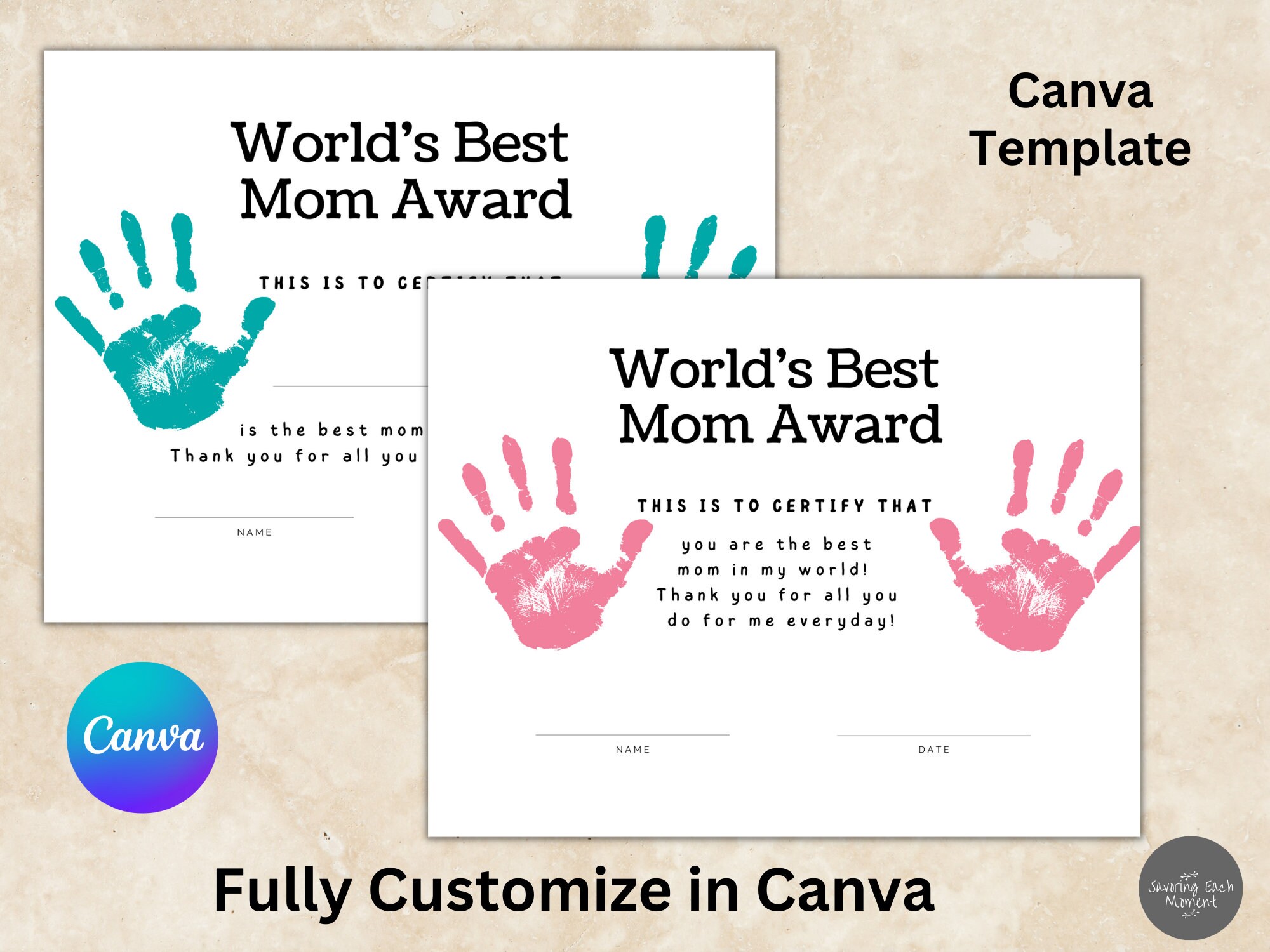 Mothers Day Award Handprint Craft, Worlds Best Mom Certificate, Mothers ...