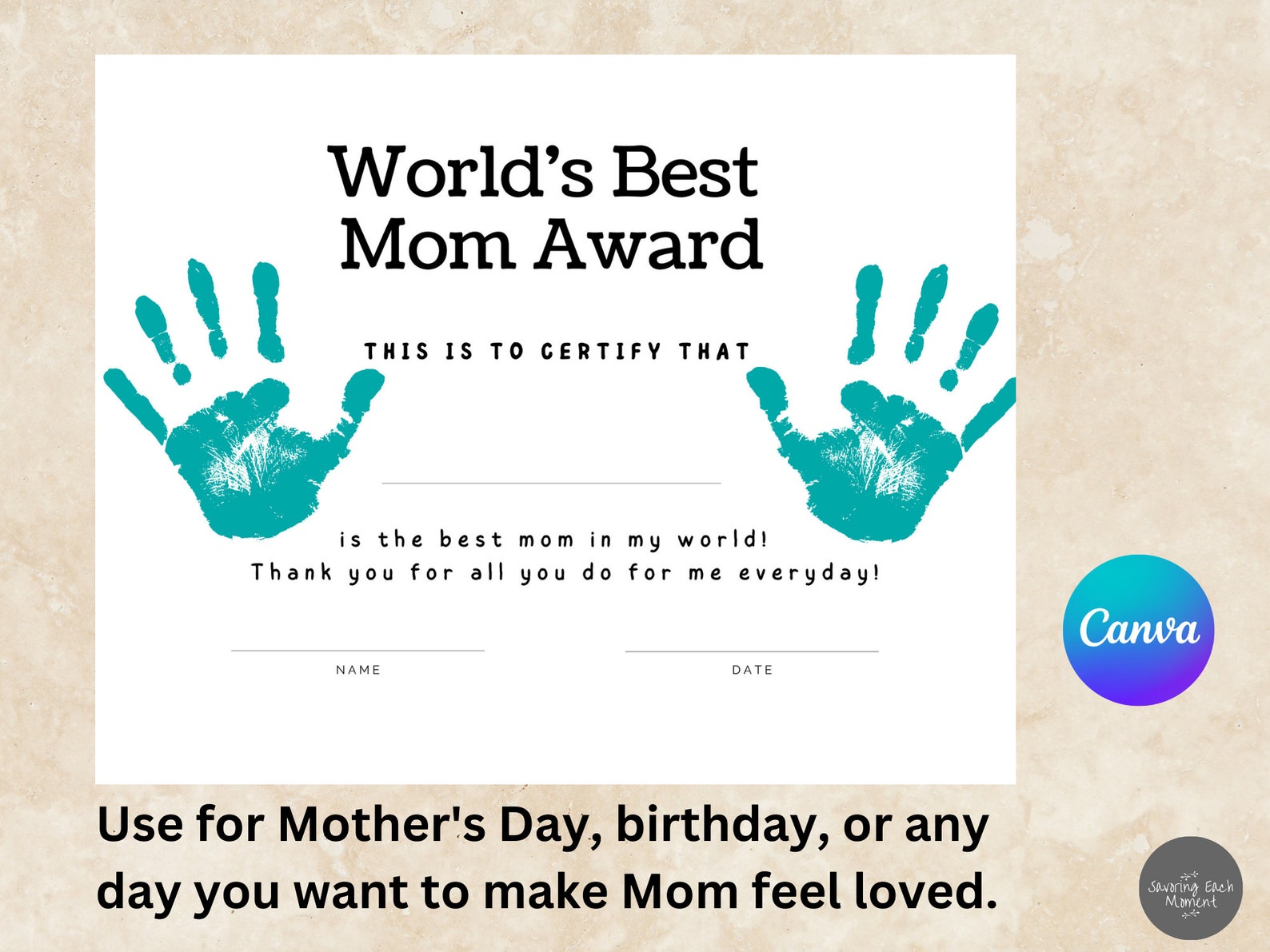 Mothers Day Award Handprint Craft, Worlds Best Mom Certificate, Mothers ...