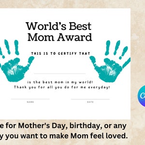 Mothers Day Award Handprint Craft, Worlds Best Mom Certificate, Mothers ...