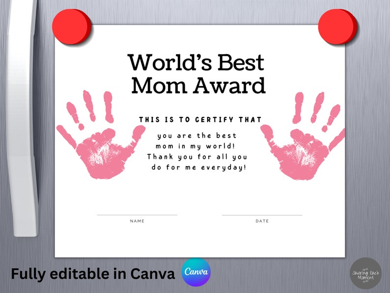 Mothers Day Award Handprint Craft, Worlds Best Mom Certificate, Mothers ...