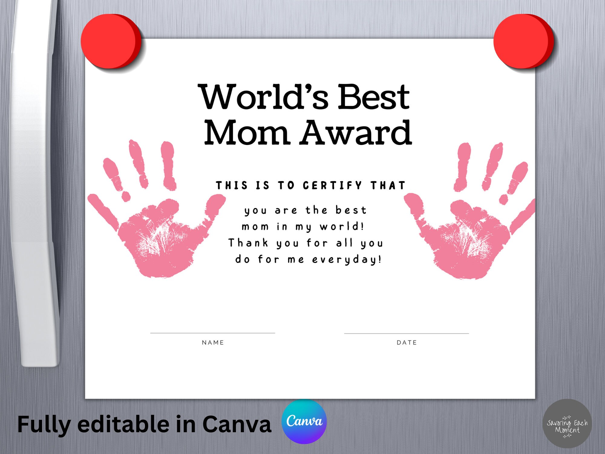 Mothers Day Award Handprint Craft, Worlds Best Mom Certificate, Mothers ...