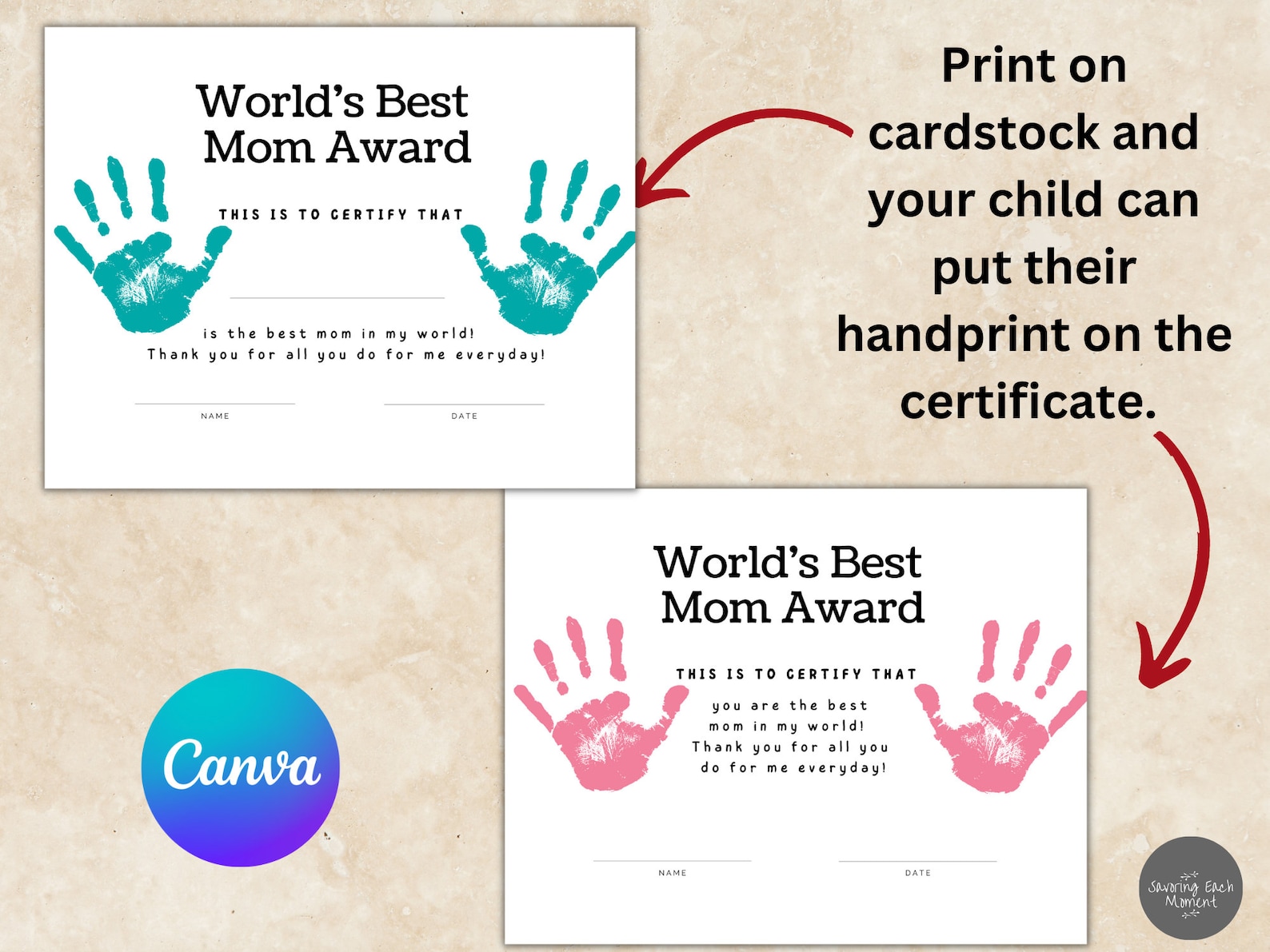 Mothers Day Award Handprint Craft, Worlds Best Mom Certificate, Mothers ...