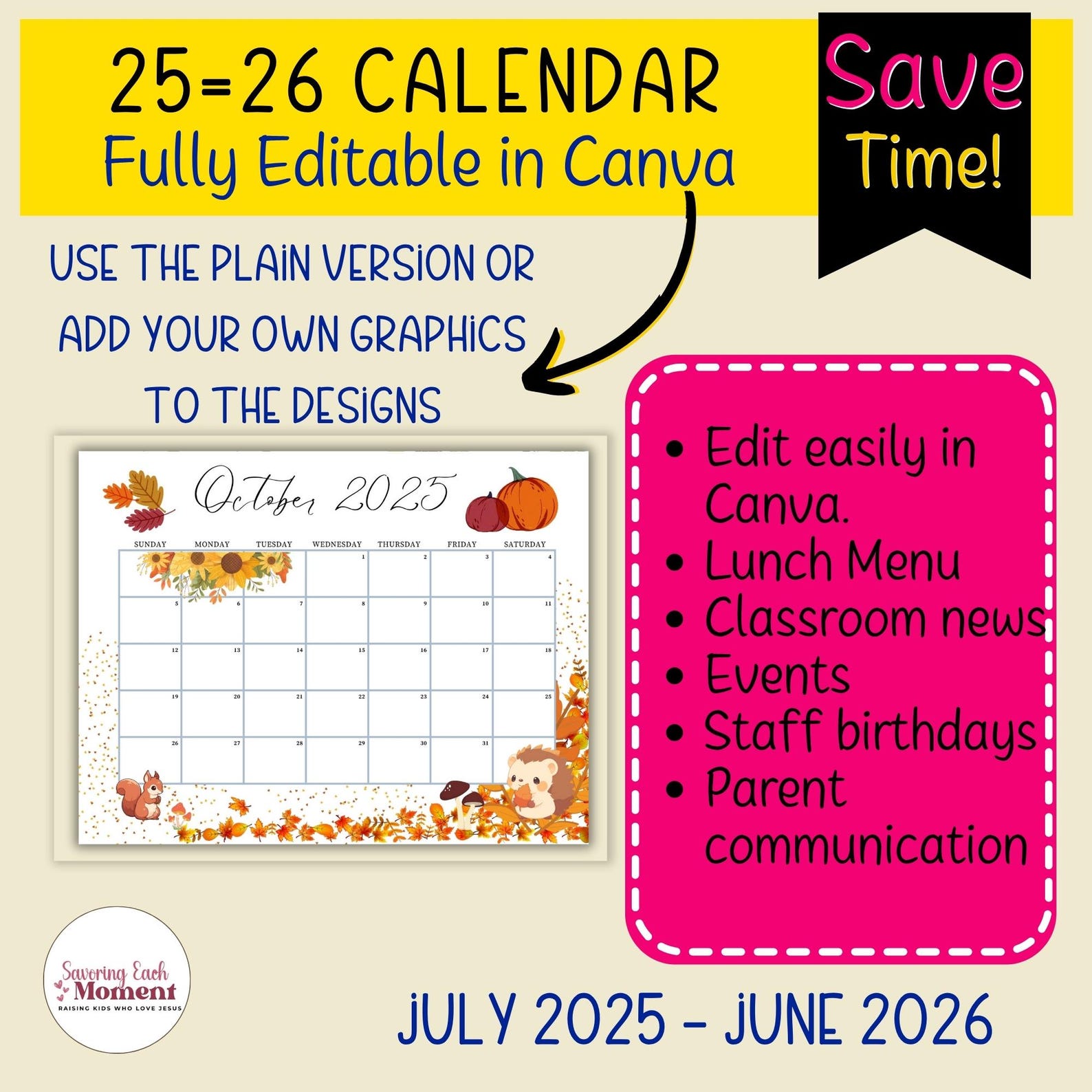 25-26 School Year Calendar Editable Canva Template, Academic Planner ...