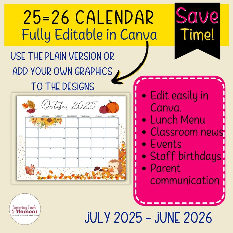 25-26 School Year Calendar Editable Canva Template, Academic Planner ...
