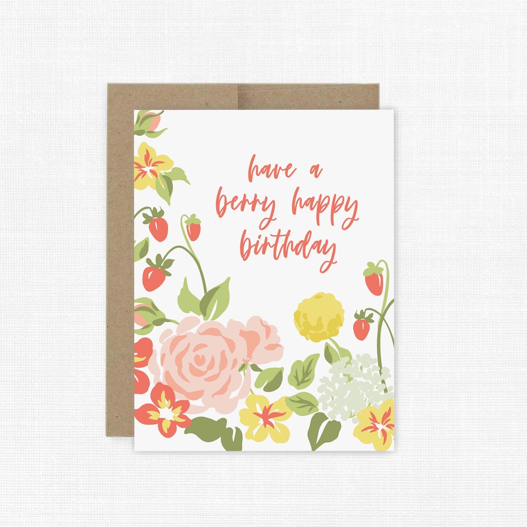Strawberry Happy Birthday Card, Birthday Card for Her, Floral Greeting ...