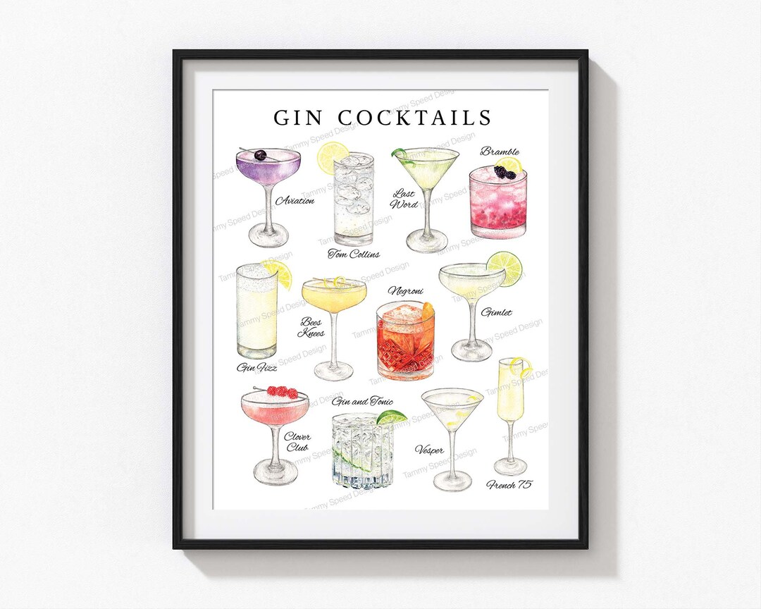 Gin Cocktails Print, Bar Cart Print, Cocktail Wall Art, Liquor Type ...
