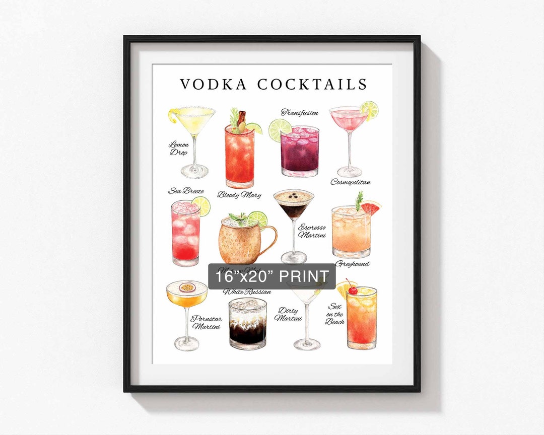 Vodka Cocktails Print 16x20, Bar Cart Print, Cocktail Wall Art, Kitchen ...